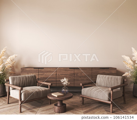 Japanese boho beige interior with armchair and... - Stock Illustration ...
