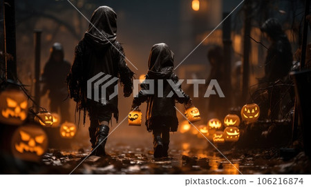 two children in creepy costumes go out at night... - Stock Illustration ...