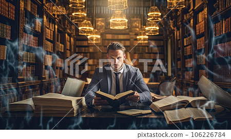 Handsome adult businessman in library with... - Stock Illustration ...