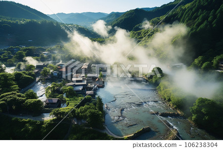 Scenery of a hot spring town in the countryside... - Stock Illustration ...