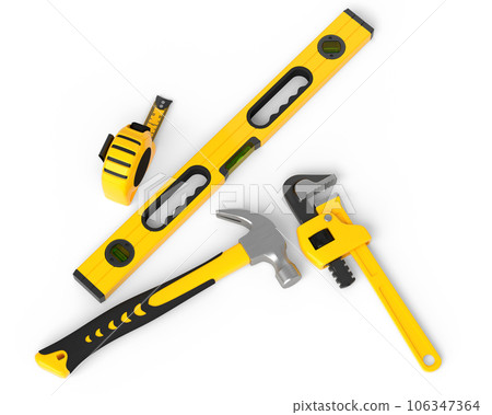 Flying view of yellow construction tools for... - Stock Illustration ...