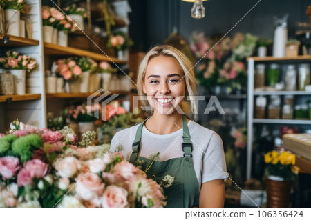 Happy Flower shop staff smiling and posing in... - Stock Illustration ...