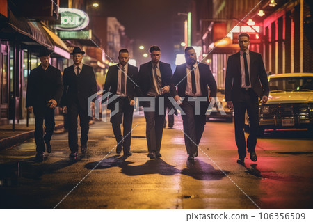 A group of sharp-dressed mobsters walking down... - Stock Illustration ...