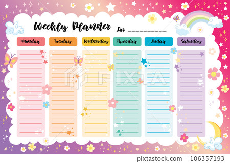 Printable cute rainbow weekly planner vector - Stock Illustration ...