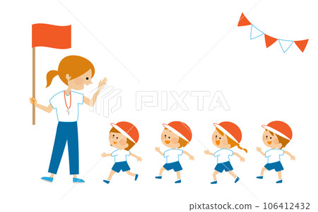 Sports day marching teacher and children... - Stock Illustration ...