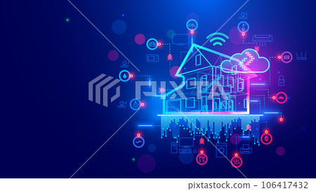 3d blueprint plan of smart home with icons IOT... - Stock Illustration ...