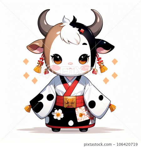 Cow character in kimono - Stock Illustration [106420719] - PIXTA