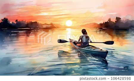 female paddling kayak boat at sunset on lake or... - Stock Illustration ...