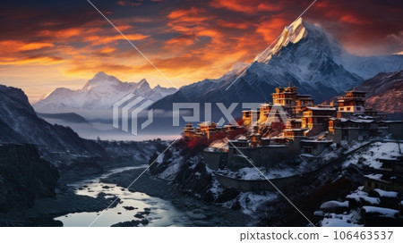 Himalayan mountains. tibet monastery - Stock Illustration [106463537 ...