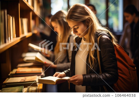 women in a large library chooses a book AI... - Stock Illustration ...
