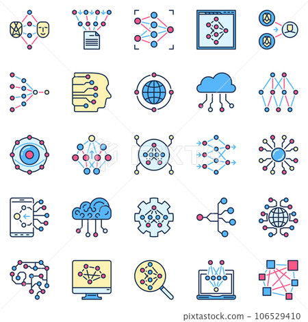 Artificial Neural Network colored icons. AI and... - Stock Illustration ...