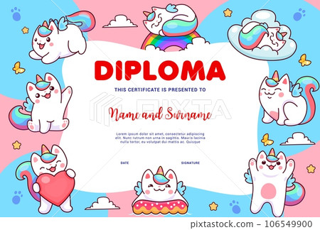 Kids diploma. Cartoon caticorn cats and kitten... - Stock Illustration ...