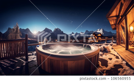 An open-air jacuzzi overlooking the mountains... - Stock Illustration ...