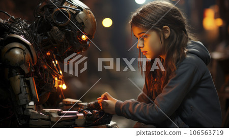 Girl talking with a robot - Stock Illustration [106563719] - PIXTA