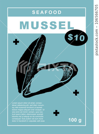 Mussel. Set of posters of fishes and seafood in... - Stock Illustration ...