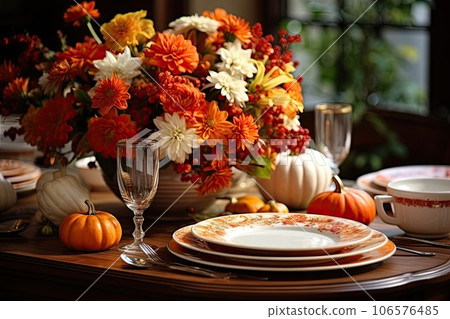 Thanksgiving day table setting in cafe. Autumn... - Stock Illustration ...