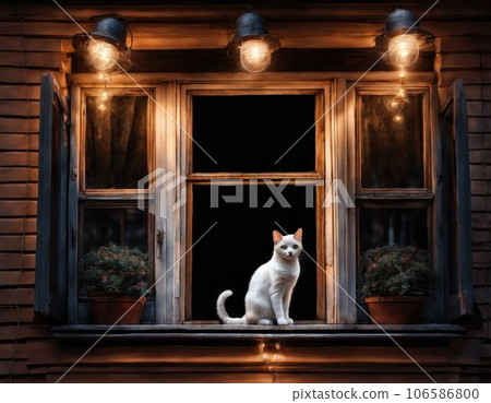 White cat at the window. - Stock Illustration [106586800] - PIXTA