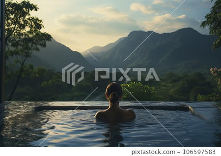 A hot spring and a woman's back AI-generated... - Stock Illustration ...