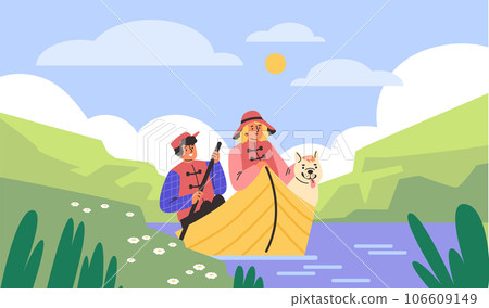 People with dog sail on a wooden boat, river in... - Stock Illustration ...