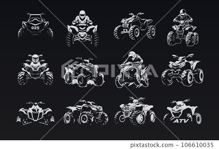 ATV icon set. Monochrome four-wheel hand-drawn... - Stock Illustration ...