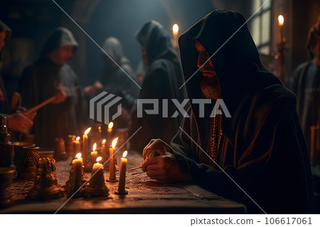 Ritual of medieval priests with candles in the... - Stock Illustration ...