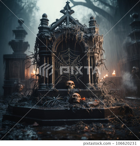 Scary tomb with a skull standing in a spooky... - Stock Illustration ...
