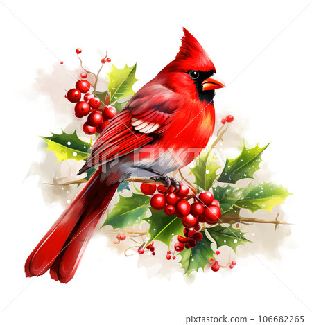 Watercolor Christmas red cardinal and holly... - Stock Illustration ...