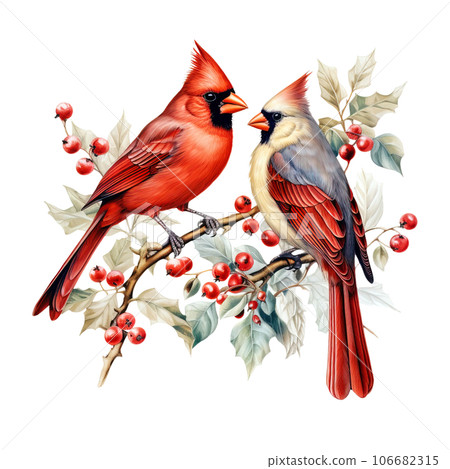A Christmas red cardinals bird on holly branch... - Stock Illustration ...