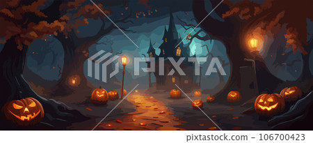 vector halloween haunted old graveyard lit by... - Stock Illustration [106700423] - PIXTA