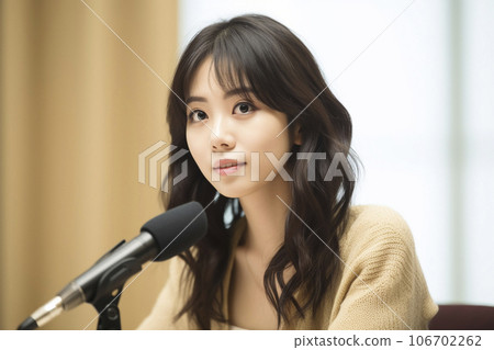 Japanese female journalist speaking in front of... - Stock Illustration ...