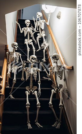 skeletons walking down the stairs in a house... - Stock Illustration ...