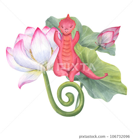 Red dragon meditating on water lily stem....-插圖素材 [106732096] - PIXTA圖庫