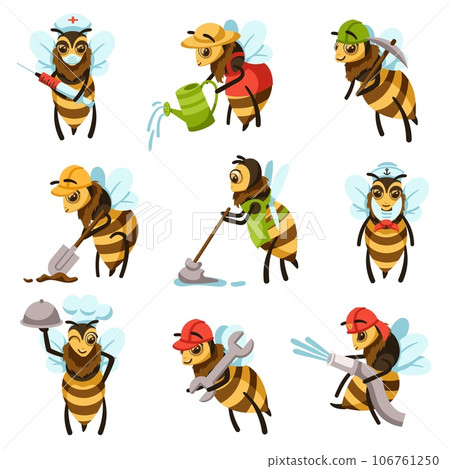 Cartoon bee workers. Cute bees of different... - Stock Illustration ...