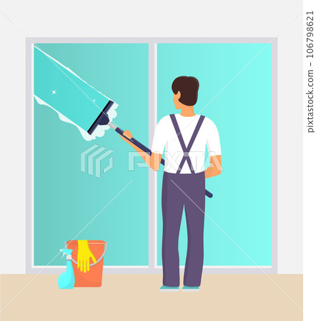 Man in uniform cleaning window with glass... - Stock Illustration ...