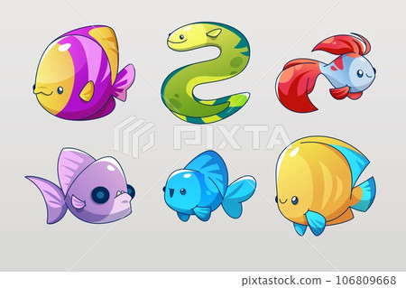 Cute color sea fish icon vector set for aquarium - Stock Illustration ...