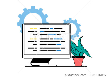 Web development concept with people scene in... - Stock Illustration ...