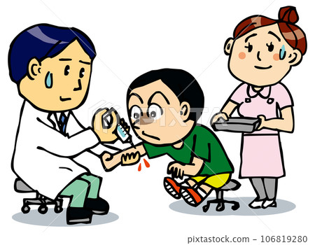 A doctor giving an injection, a child staring... - Stock Illustration ...