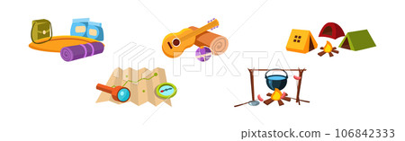 Camping and Outing Object and Equipment Vector Set - Stock Illustration ...