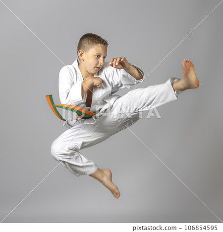 Karate Jump Kick Kid Kids High Jump Kick Board Breaking Martial Arts