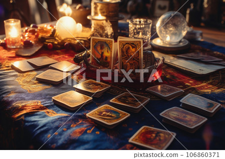 Tarot cards on wooden table. Fortune telling... - Stock Illustration ...