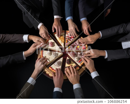 many hands reaching to grab a slice of cake. AI... - Stock Illustration ...
