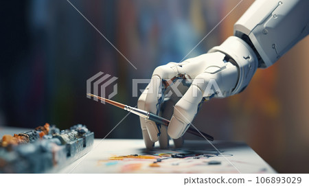 robotic hand with paintbrush painting picture,... - Stock Illustration ...