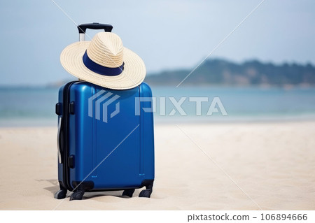 Blue suitcase on the beach, travel concept... - Stock Illustration ...