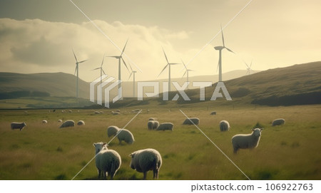 Sheep grazing near wind turbines on the... - Stock Illustration ...