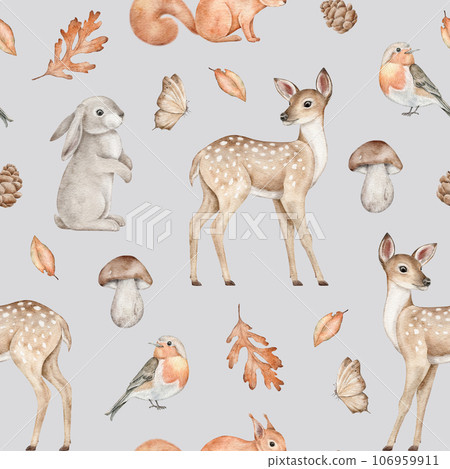Seamless pattern with deer, rabbit, squirrel,... - Stock Illustration ...