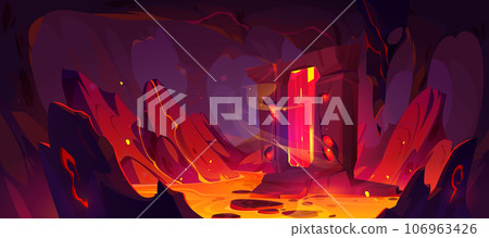 Magic stone portal and lava flow inside volcano - Stock Illustration ...