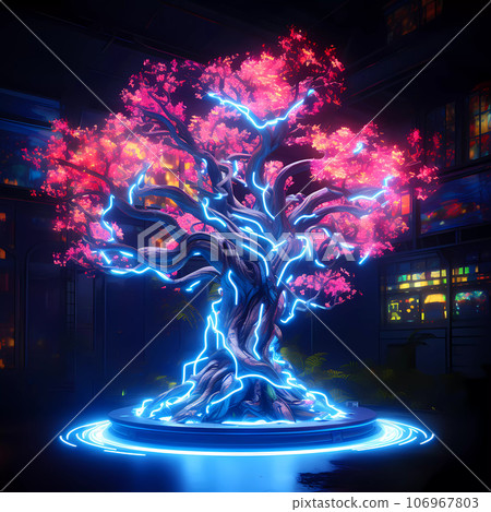 Cyberpunk Retro Futuristic Tree with Neon Lights - Stock Illustration ...
