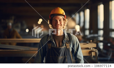 A happy construction man standing on a... - Stock Illustration ...