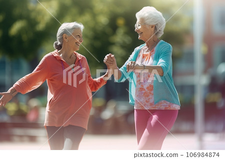 Close-up of two happy dancing elderly women in... - Stock Illustration ...