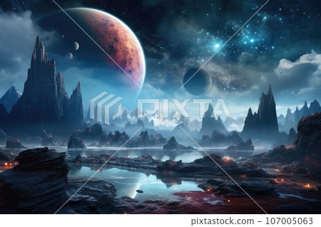 alien landscape, fantasy planet, night sky with... - Stock Illustration ...